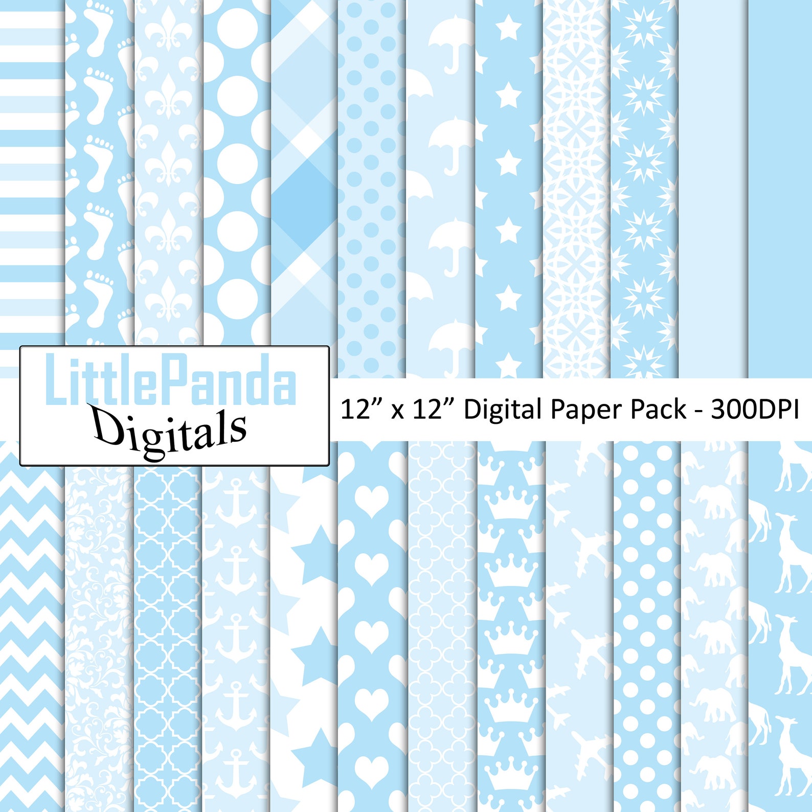 Baby Blue Digital Paper Baby Feet Umbrella Stars Crown Giraffe ...
