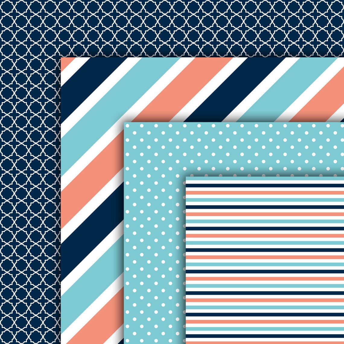 Navy Turquoise and Coral Digital Paper Scrapbook Papers - Etsy
