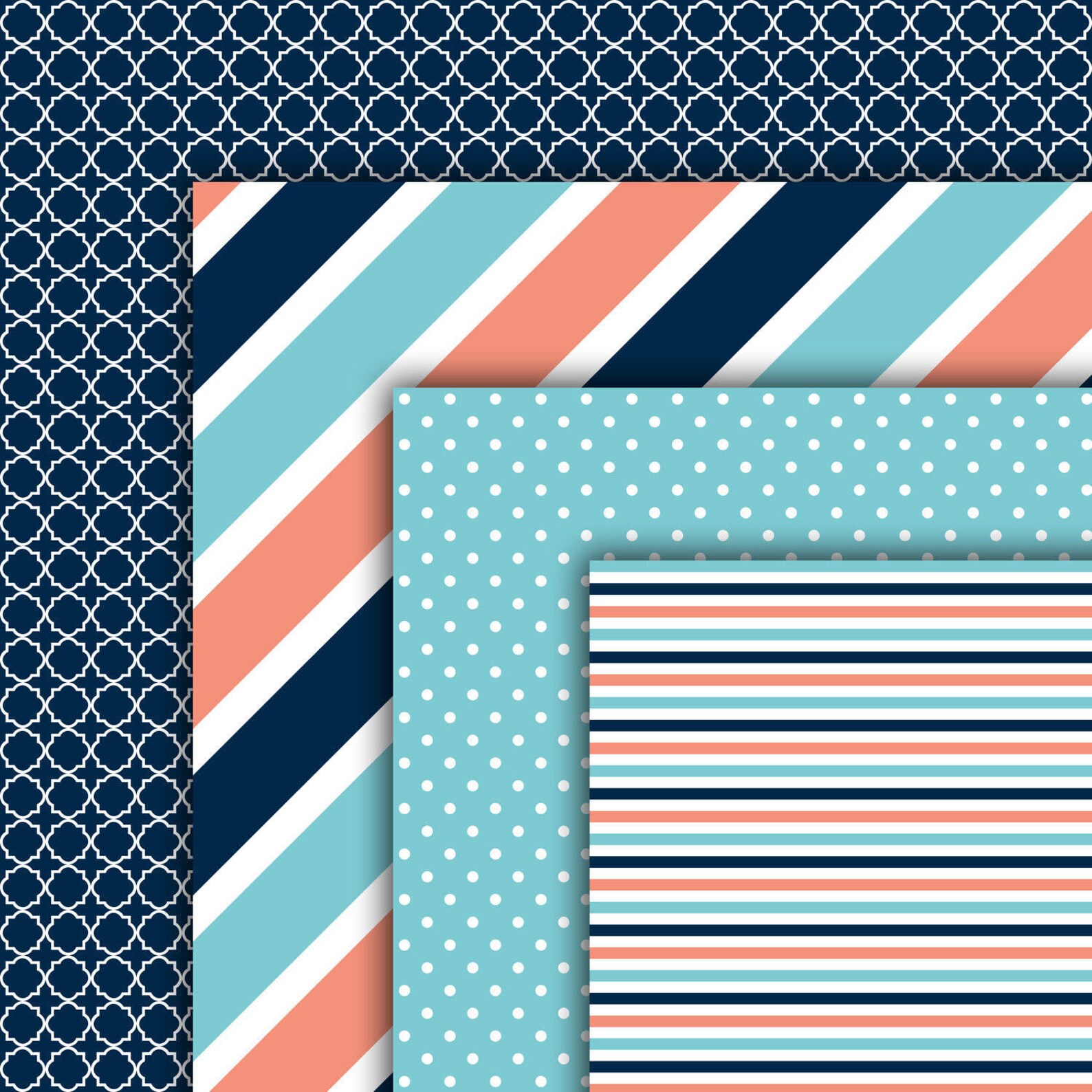 Navy Turquoise and Coral Digital Paper, Scrapbook Papers, Wallpaper ...