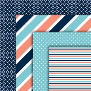 Navy Turquoise and Coral Digital Paper, Scrapbook Papers, Wallpaper ...