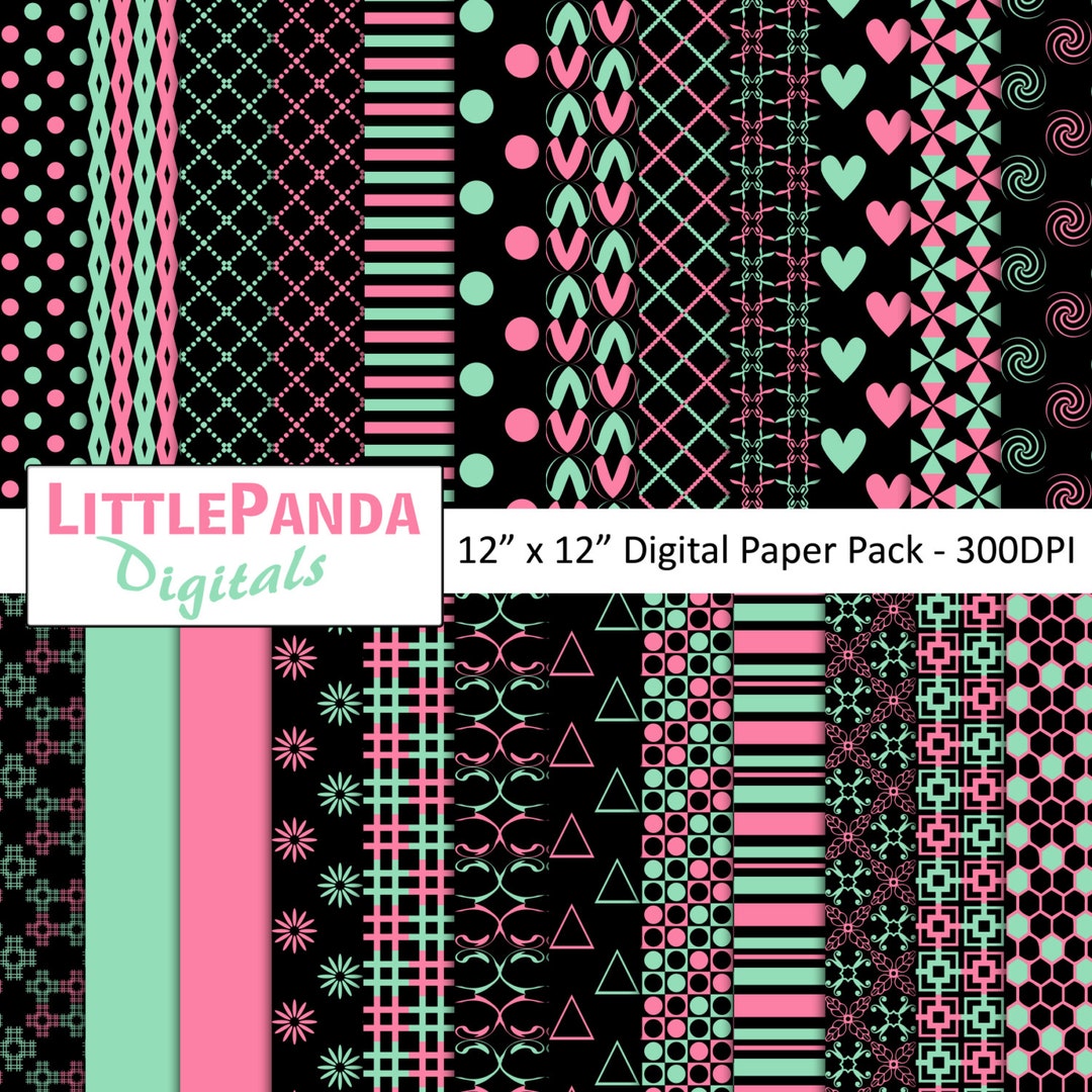 Sea Green, Pink, Black Digital Paper, Scrapbook Papers, Background, 24 ...