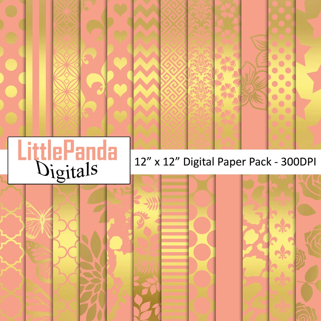 Gold Coral Digital Paper Background Scrapbook Polka Dots Chevron ...