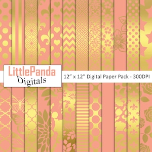 Gold Coral Digital Paper Background Scrapbook Polka Dots Chevron ...