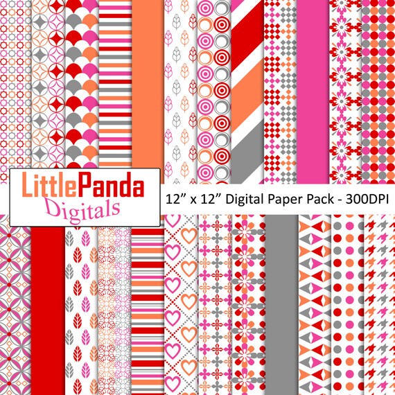 Coral Pink Red Gray Digital Paper Scrapbook Papers - Etsy