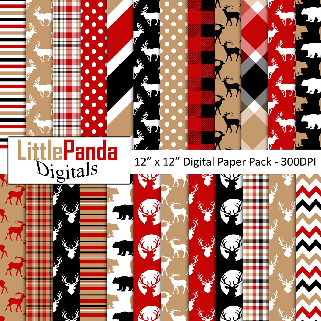 Lumberjack Digital Paper, Scrapbook Paper, Plaid, Bear, Moose Antlers ...