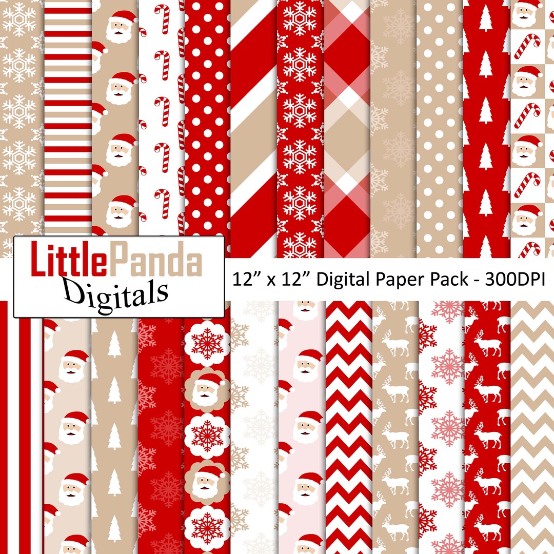 Santa Digital Paper, Snowflake, Plaid, Winter, Candy Cane, Christmas ...