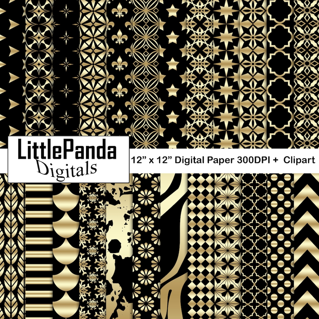 Black and Gold Digital Paper, Scrapbook Paper, Polka Dots, Stars ...