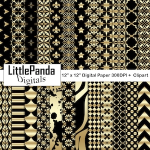 Black and Gold Digital Paper, Scrapbook Paper, Polka Dots, Stars ...