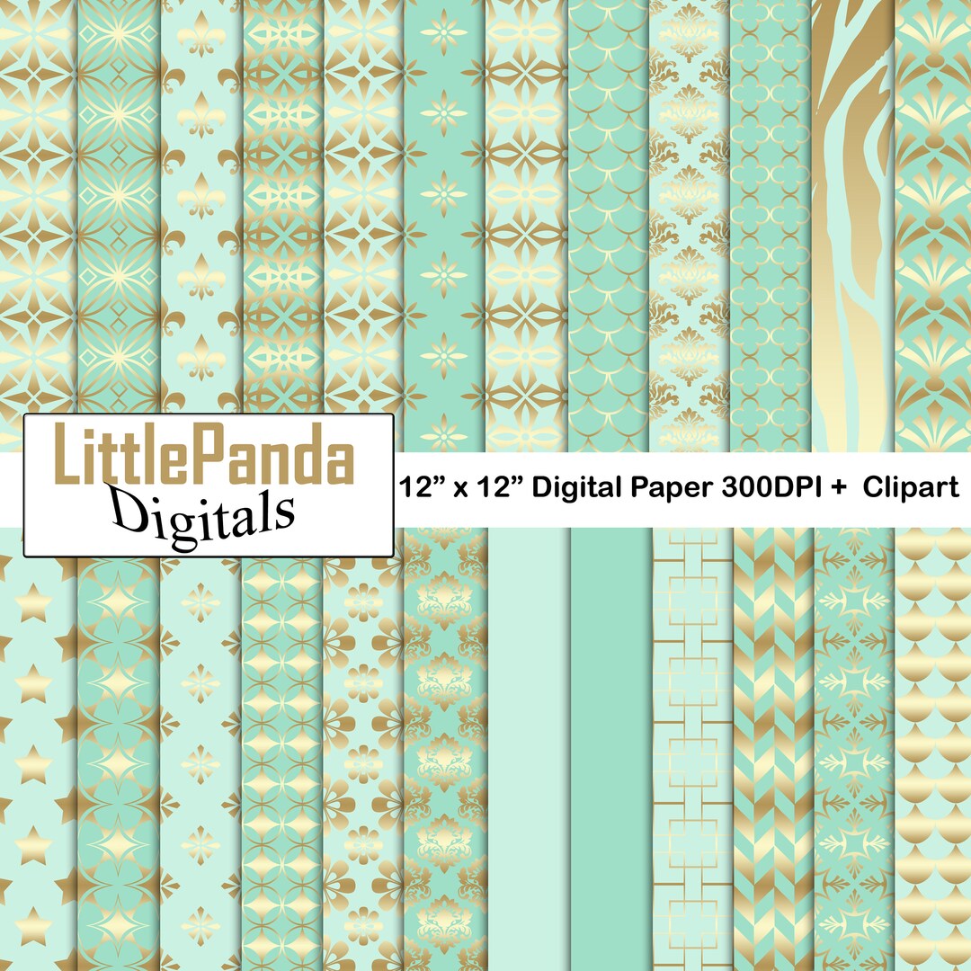 Mint and Gold Digital Paper, Scrapbook Paper, Damask, Stars, Fleur De ...