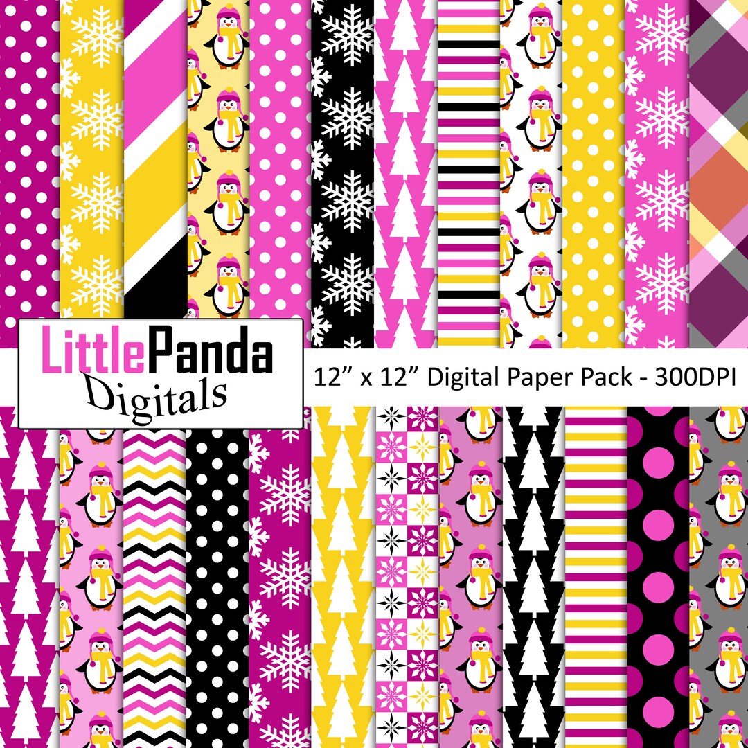 Penguin Digital Paper, Snowflake Patterns, Plaid, Winter, Holiday ...