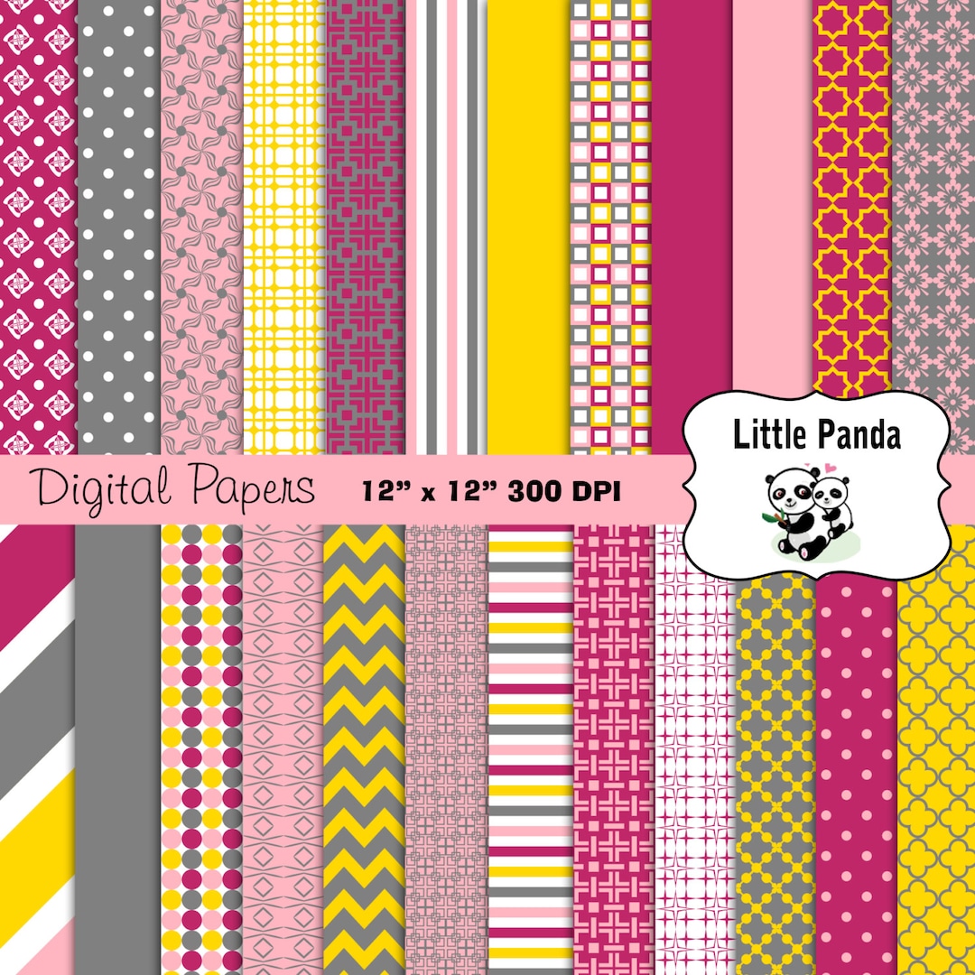Yellow Pink Gray Digital Paper Pack 24 Jpg Files 12 X 12 - Instant ...