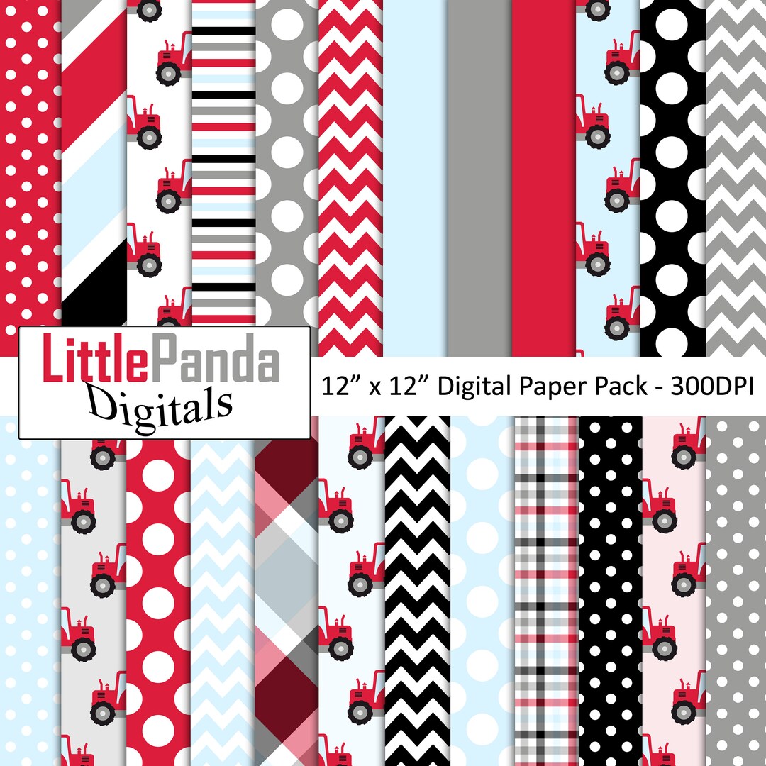 Farm Digital Paper, Red Tractor, Polka Dots, Stripes, Plaid, Tractor ...