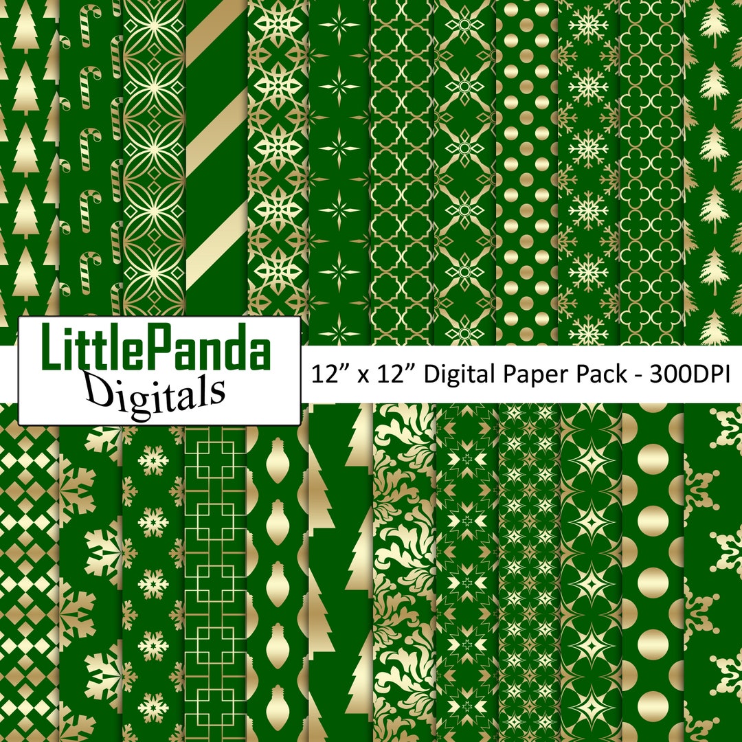 Green and Gold Christmas Digital Paper Scrapbook Holiday New Years ...