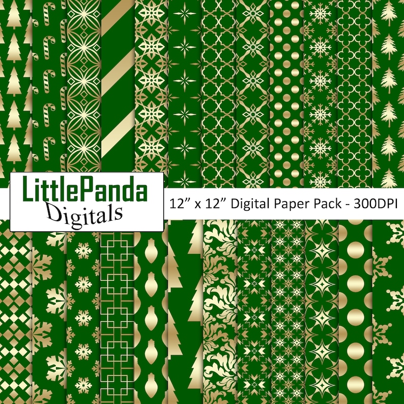 Green and Gold Christmas Digital Paper Scrapbook Holiday New - Etsy