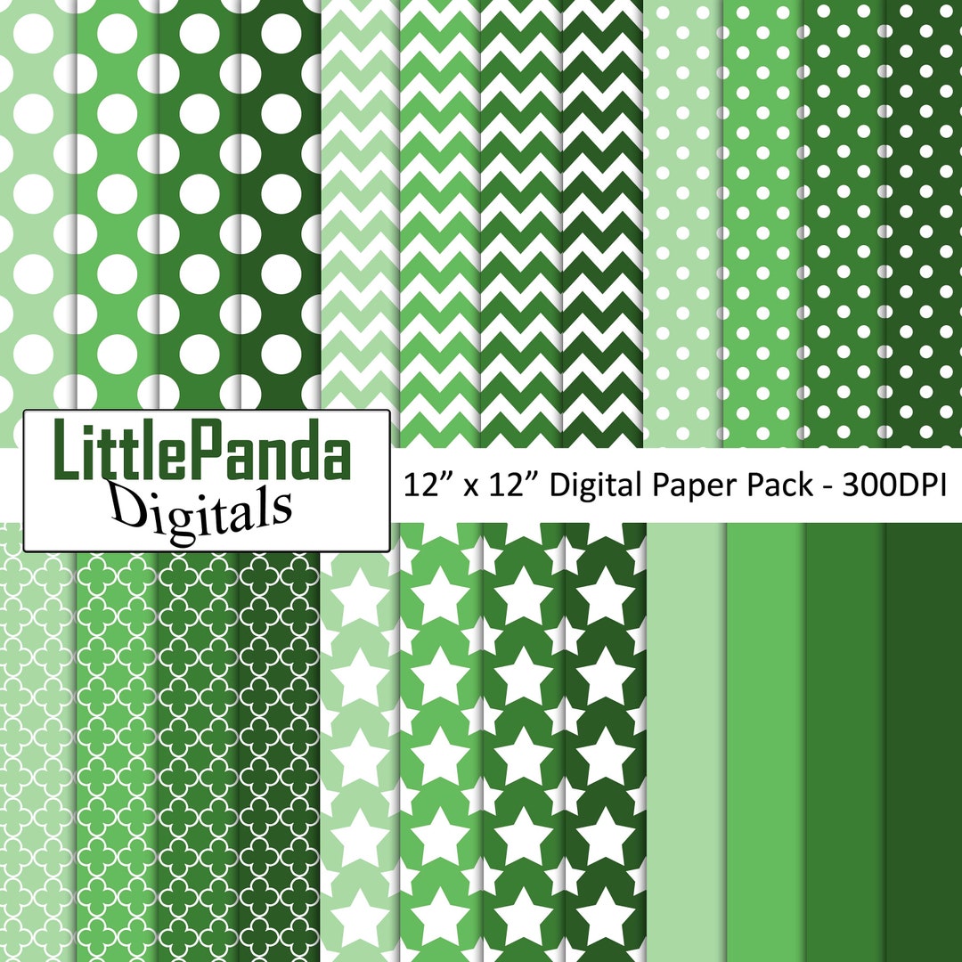 Shades of Green Digital Paper, Polka Dots, Chevron, Quatrefoil, Stars ...