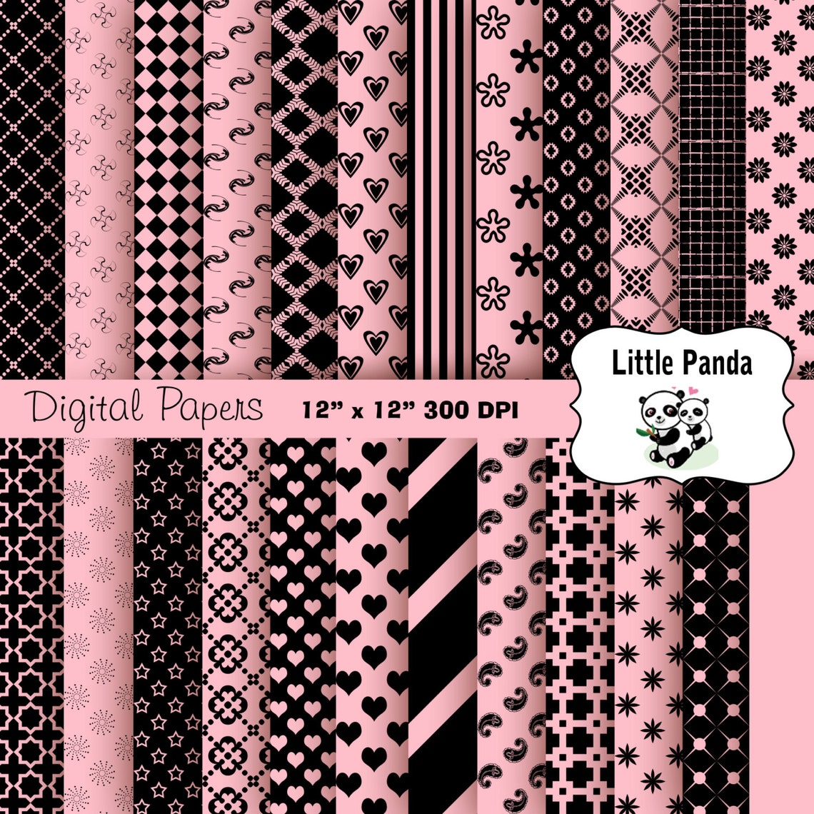 Pink and Black Digital Papers 24 Jpg Files 12 X 12 Instant - Etsy