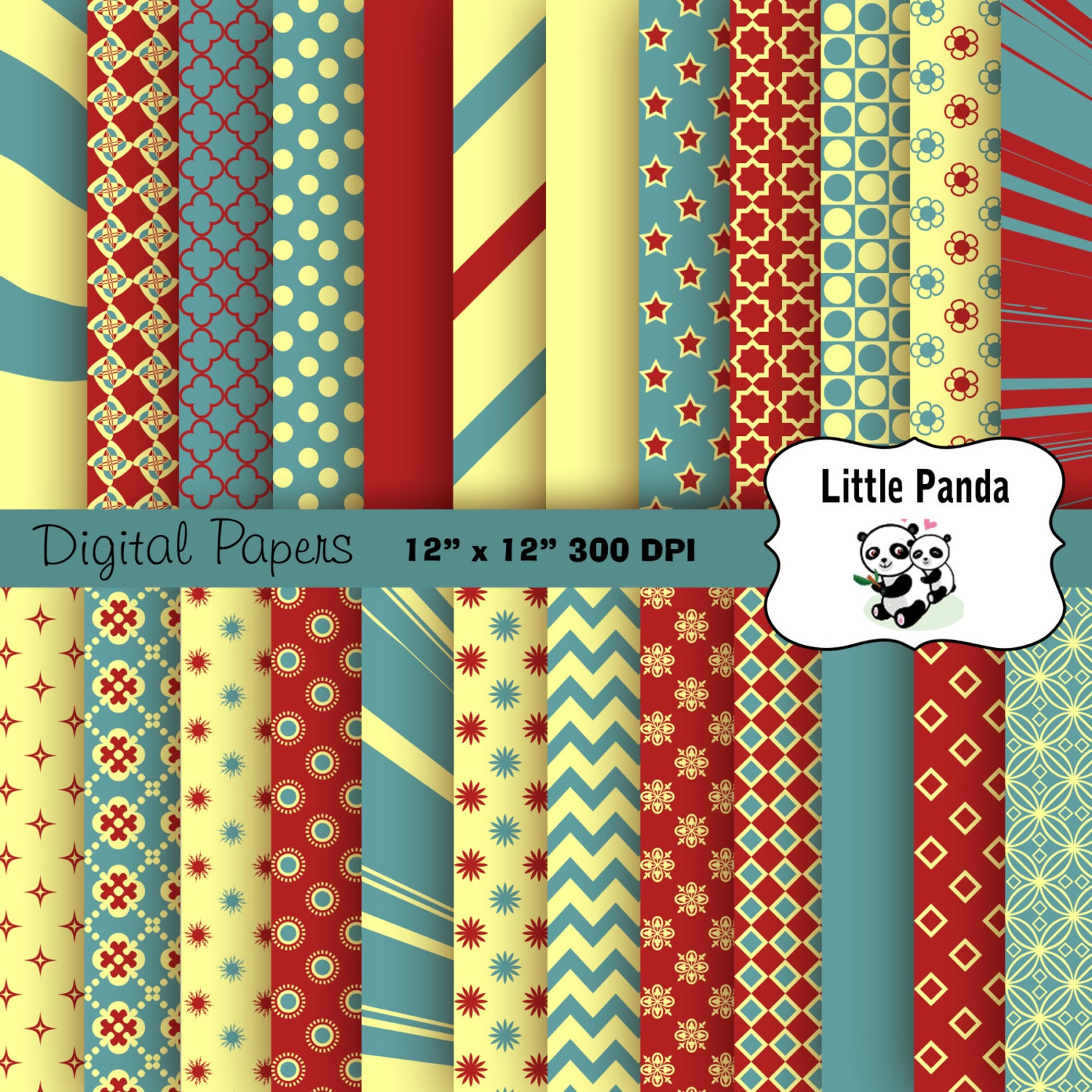 Yellow Red Blue Digital Scrapbook Paper Pack 24 jpg files 12 x | Etsy