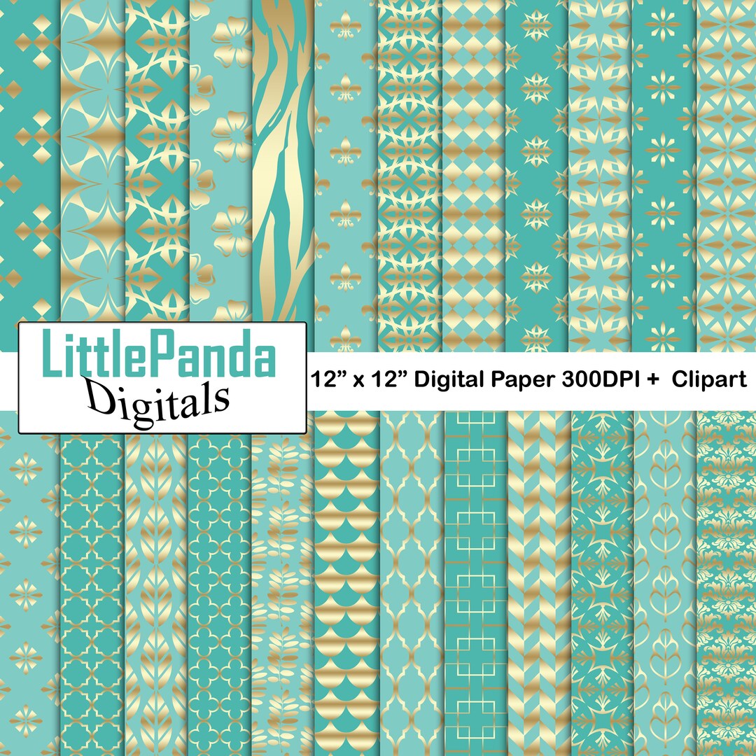 Teal and Gold Digital Paper, Scrapbook Paper, Damask, Leaf, Animal ...
