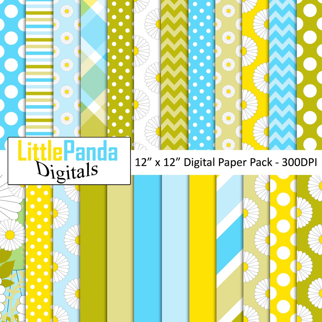 Daisy Digital Paper, Polka Dots, Stripes, Plaid, Floral, Blue, Green ...