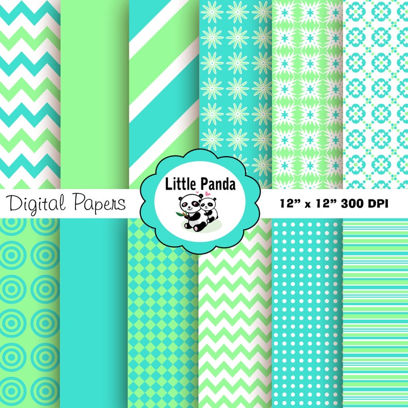 Pale Green and Turquoise Digital Paper Pack, Scrapbook Papers, 12 Jpg ...