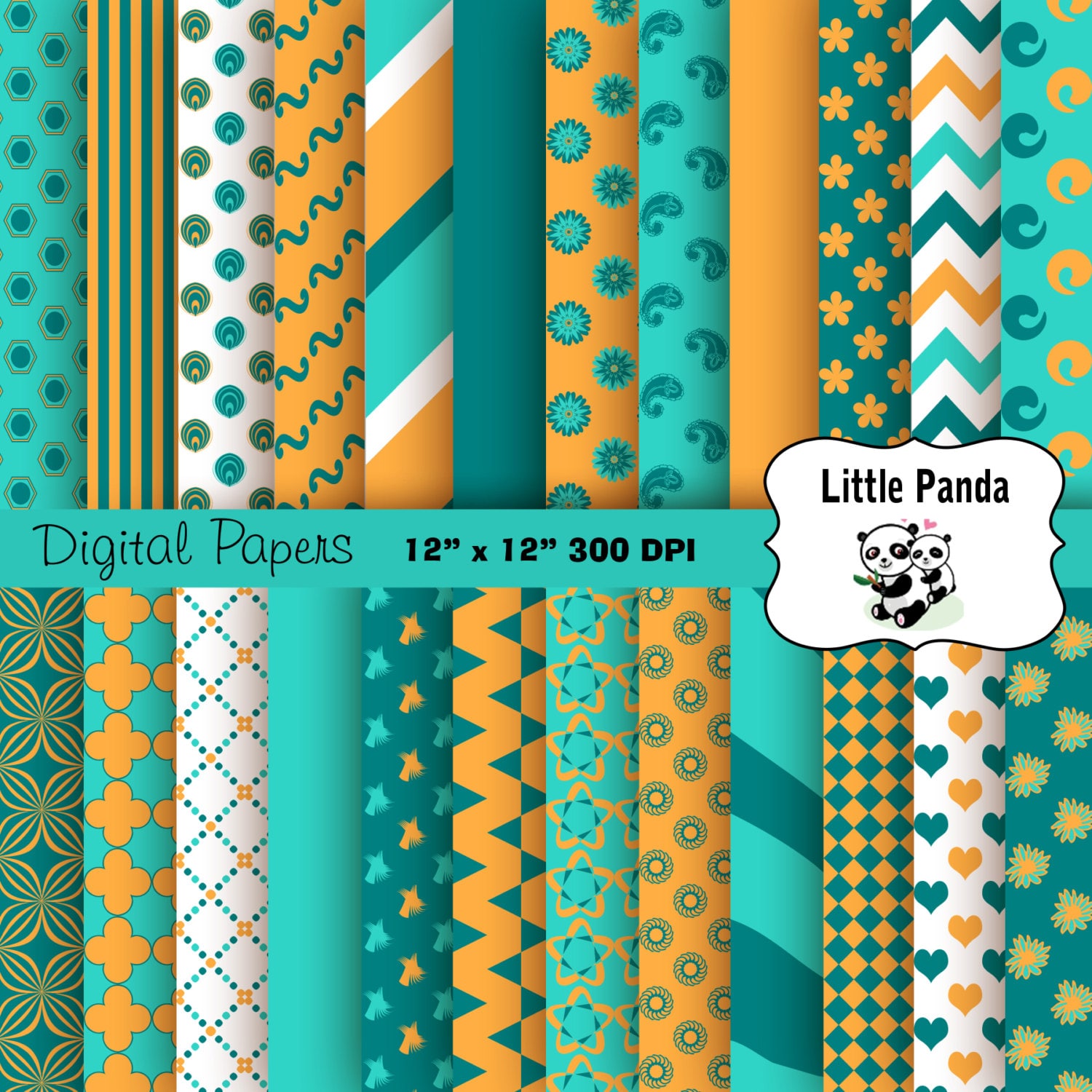 Orange Turquoise Teal Digital Paper - Digital Scrapbooking - Instant ...