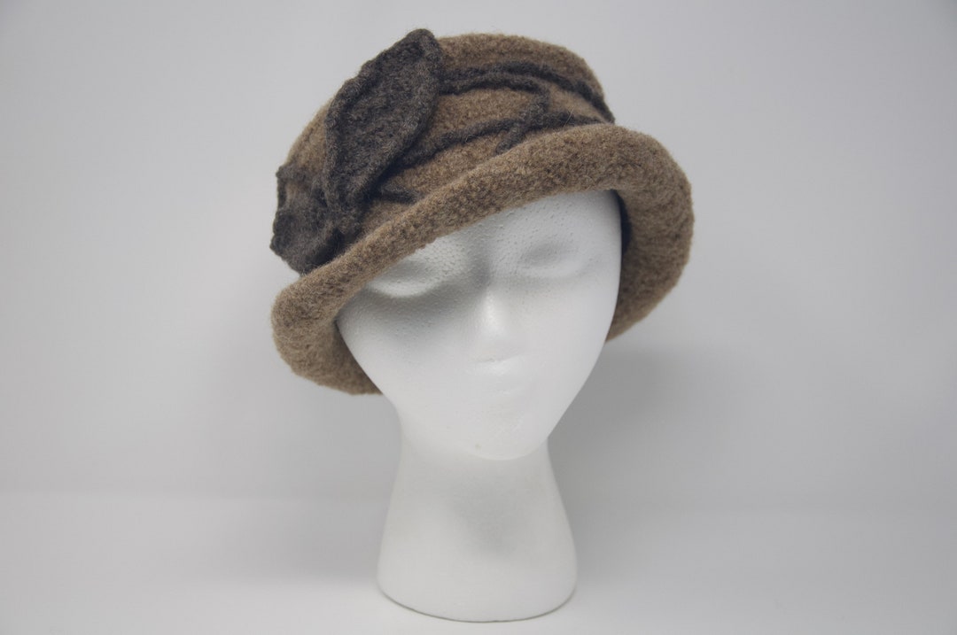 Felted Women's Hand-knit Wool Hat--heathered Grey-brown With Stylized ...
