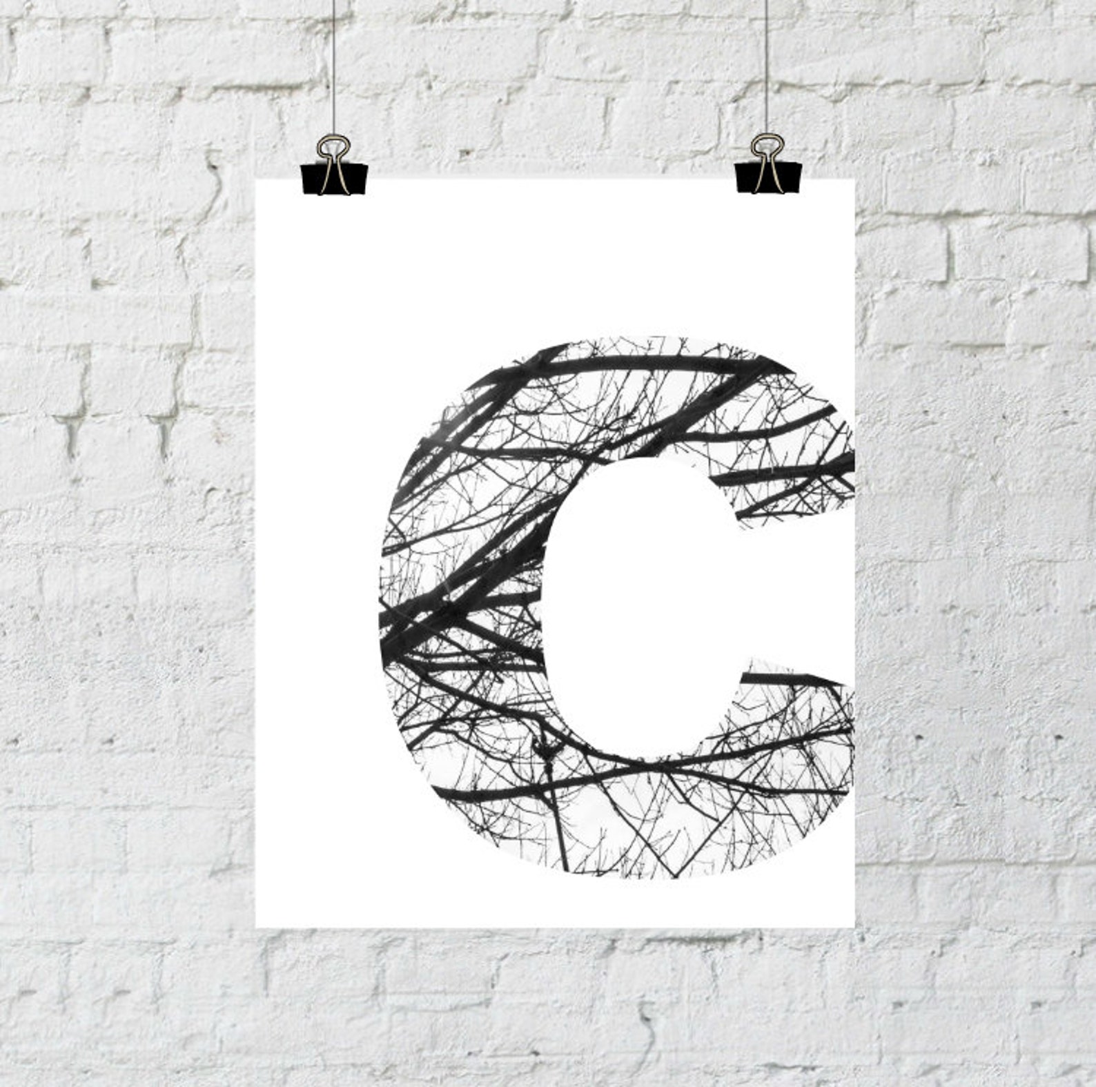 Black & White Letter c Tree Branch Art Print. 8x10 Typographic Home ...