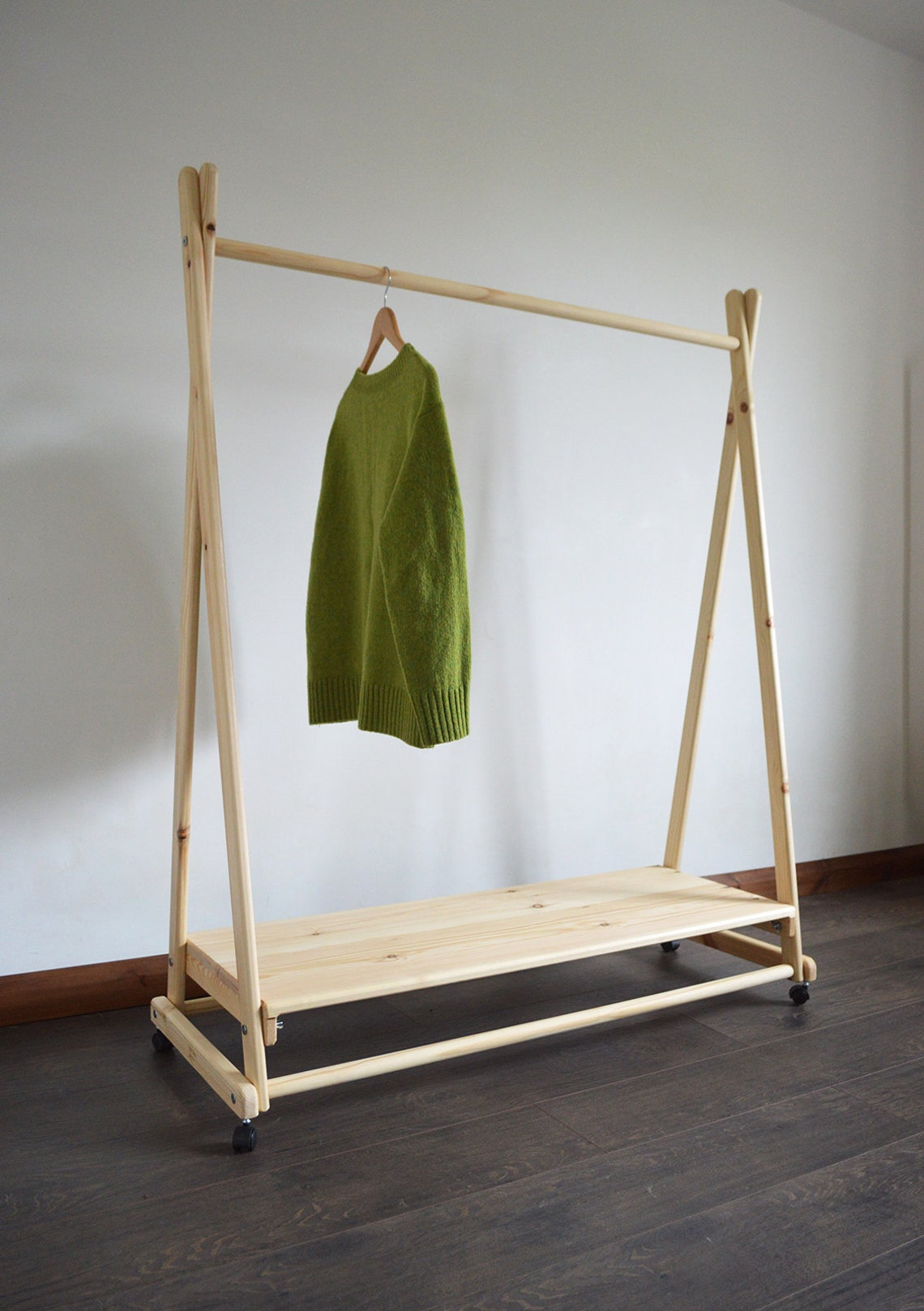 Handmade Natural Wood Clothes Rail With Shelf and Wheels - Etsy UK