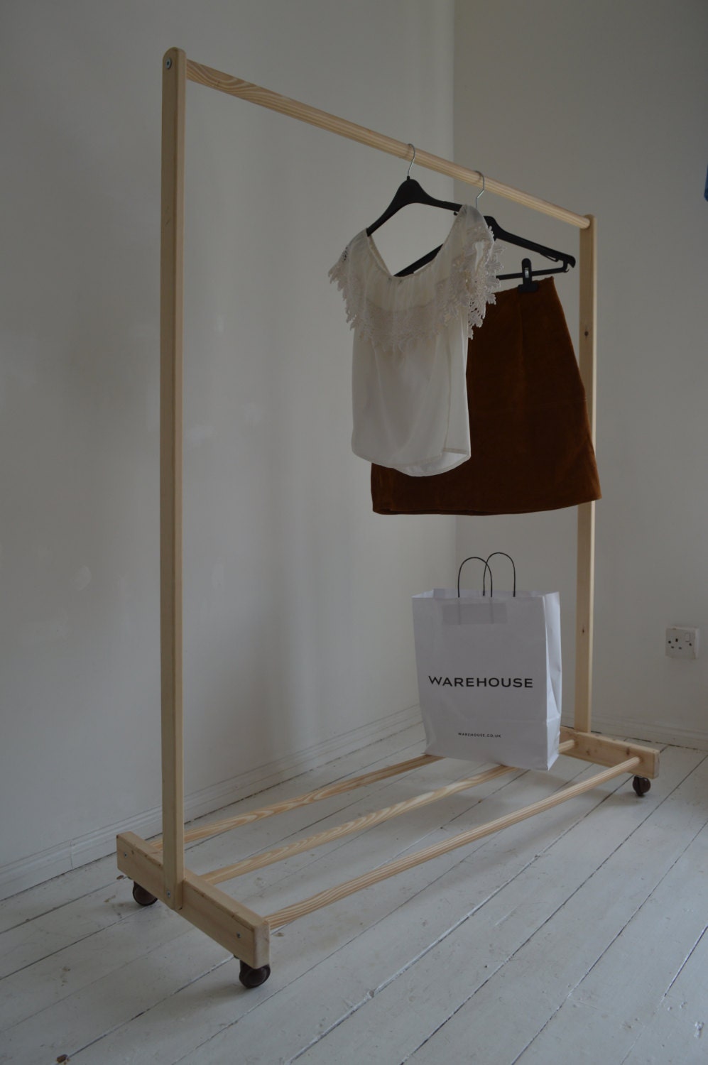 Handmade Natural Wood Clothes Rail With Shelf With Wheels | Etsy UK