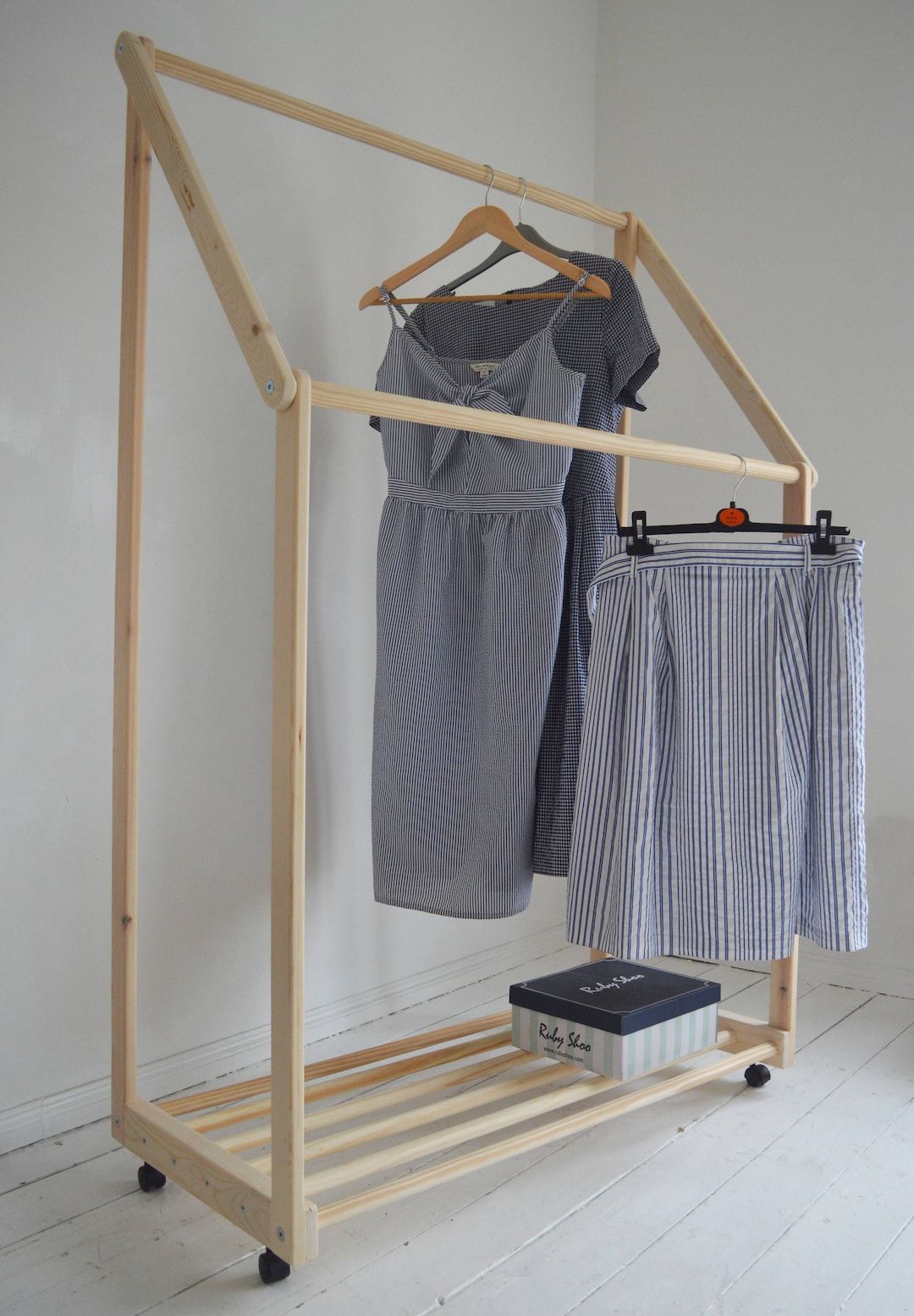Handmade, Natural Pine Wood, Clothes Rail With Shelf and WHEELS! - Etsy UK