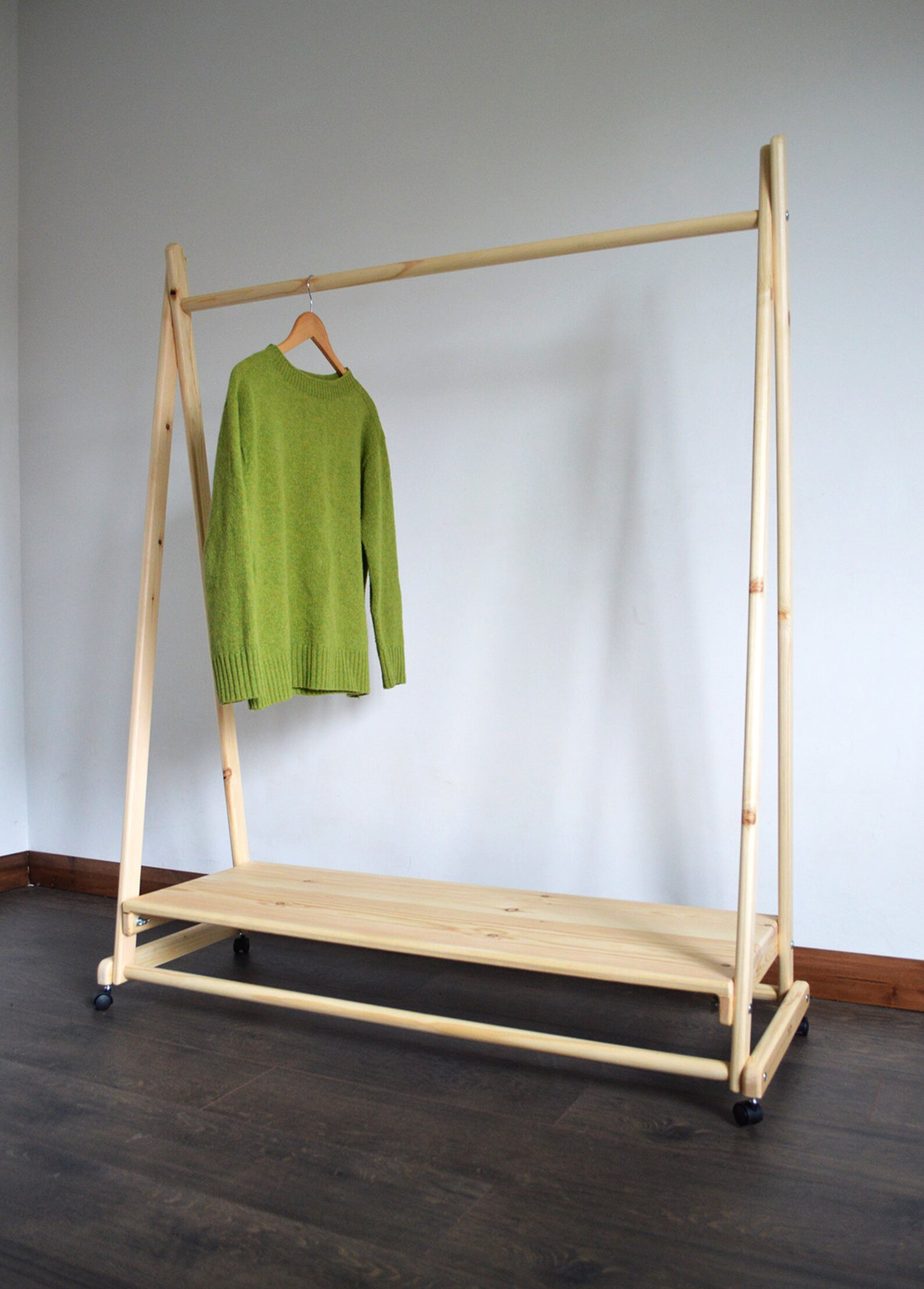 Handmade Natural Wood Clothes Rail With Shelf and Wheels | Etsy UK