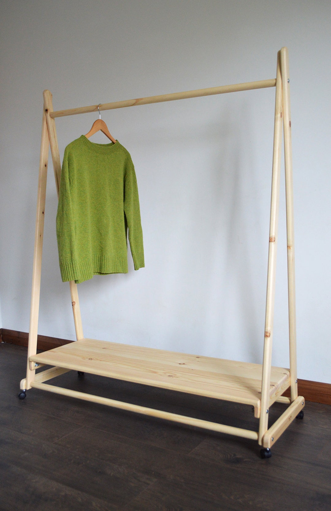 Handmade, Natural Wood, Clothes Rail With Shelf and Wheels - Etsy