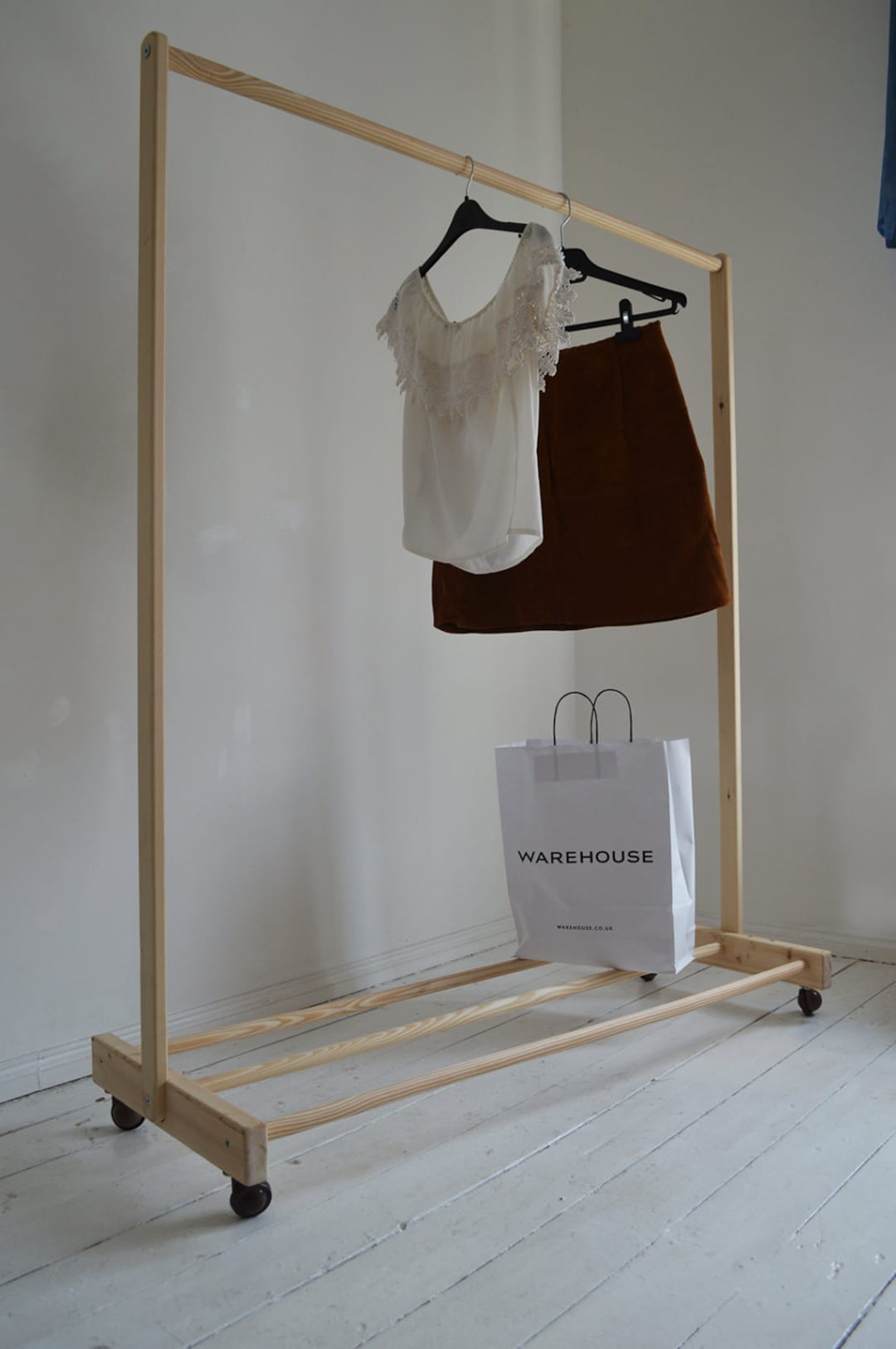 Handmade, Natural Wood, Clothes Rail With Shelf With Wheels - Etsy