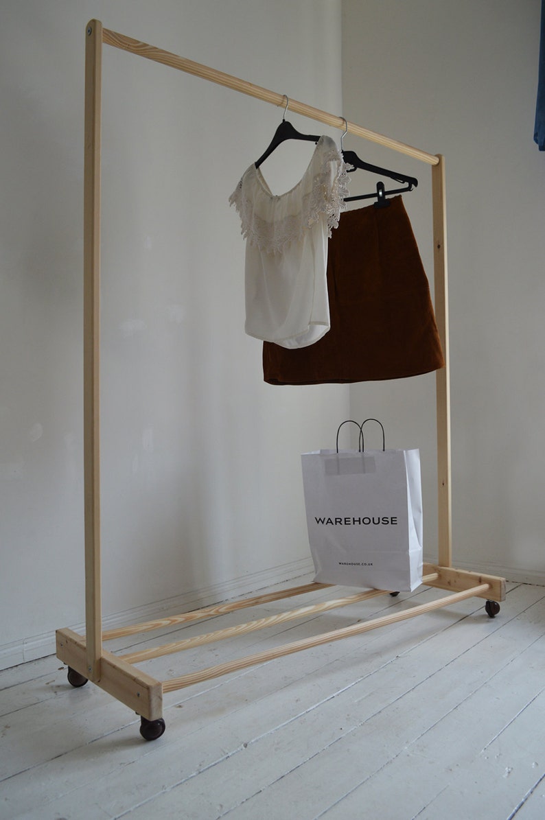Handmade Natural Wood Clothes Rail With Shelf With Wheels - Etsy UK