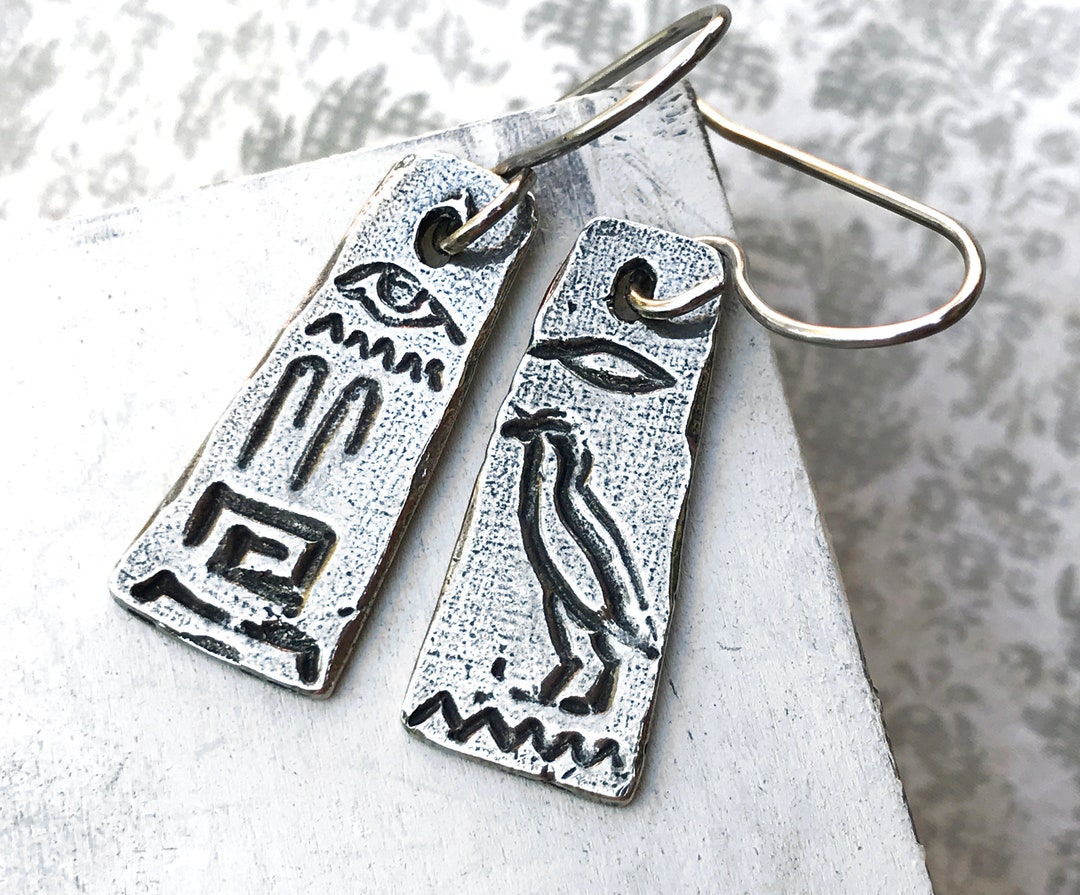 Hieroglyphic Symbol Earrings, Asymmetrical, 1.25 Long, Handmade Dangle ...