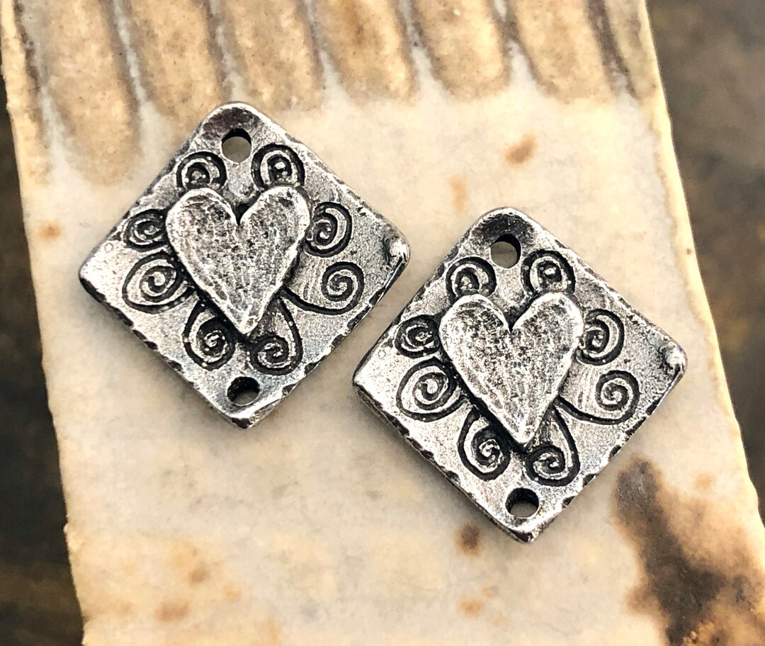 Handmade Heart, Connectors Charms, Polished Pewter, Metal, Artisan ...