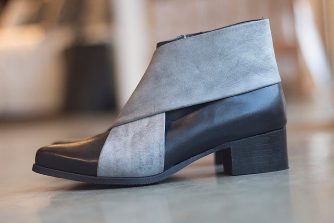 Black Gray Leather Ankle Boots, Comfortable Designer X Booties Winter ...