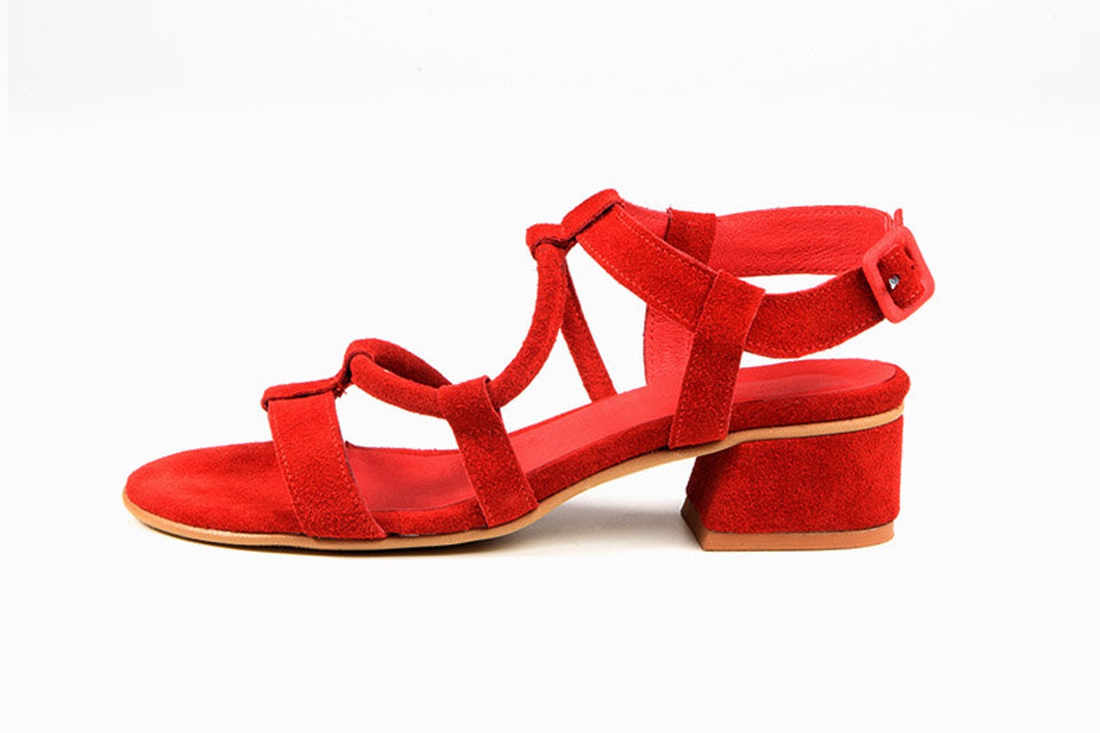 Women Red Suede Leather Strappy Sandals With Comfortable Heels, 4cm ...