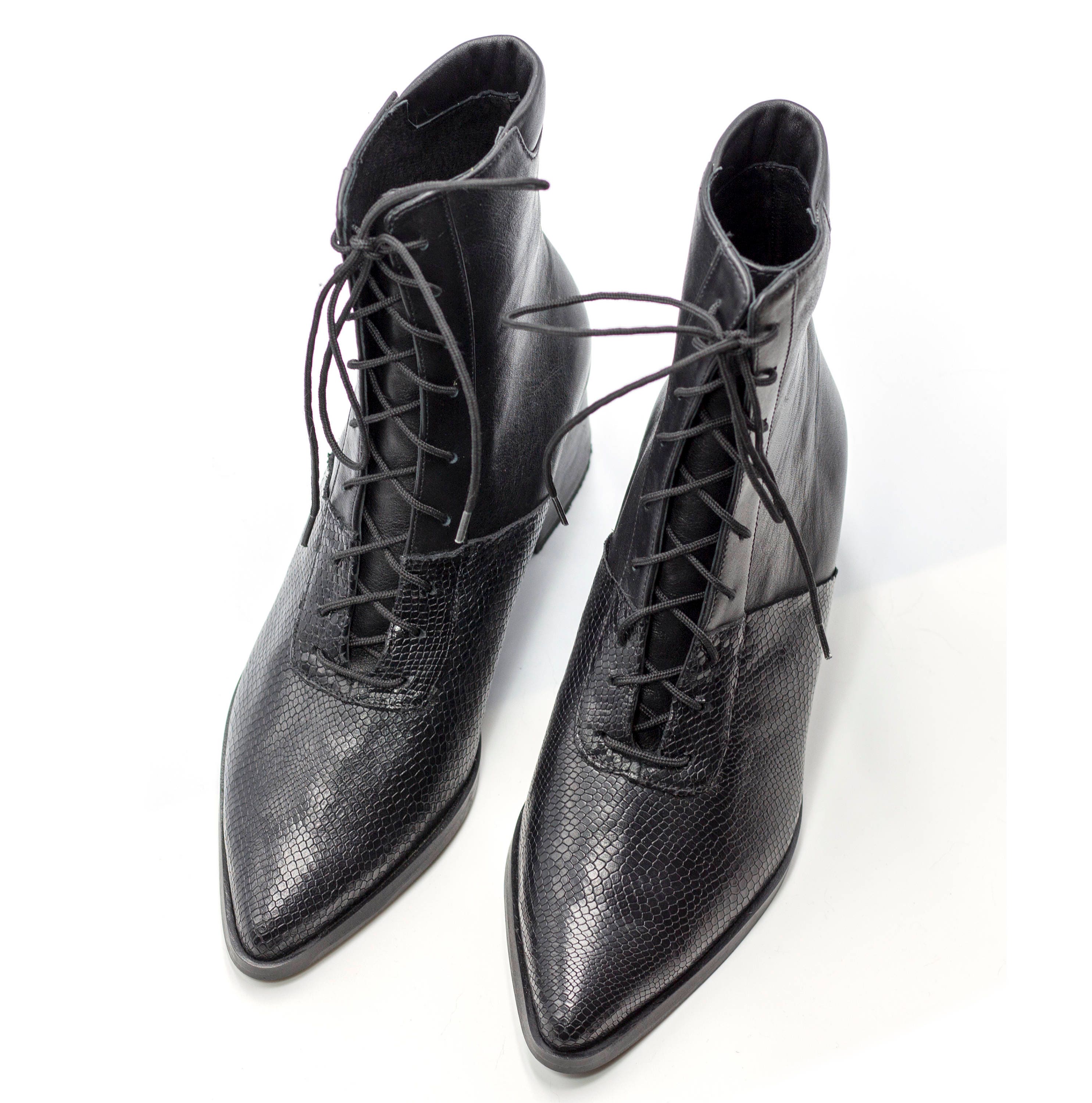 Womens Black Snake Leather Lace up Ankle Boots Comfortable | Etsy Canada