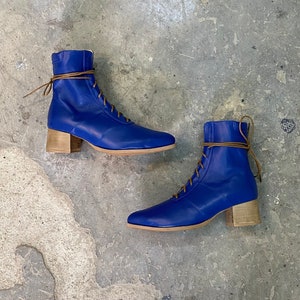 Womens Blue Leather Lace up Ankle Boots, Comfortable Stylish Pointy ...