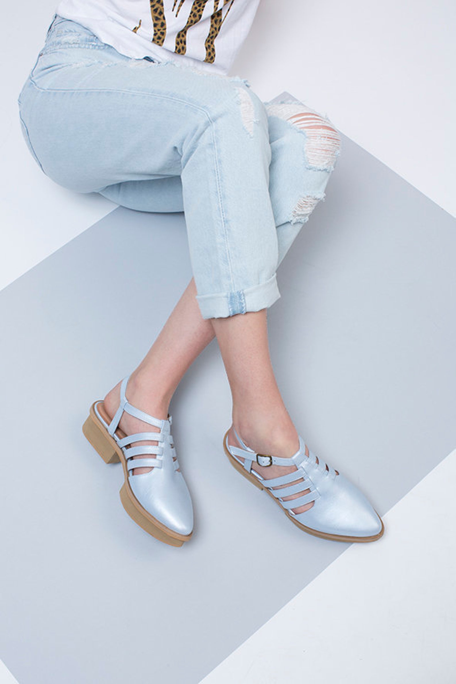 Light Blue Leather Sandals with Platform Heels For Women | Etsy