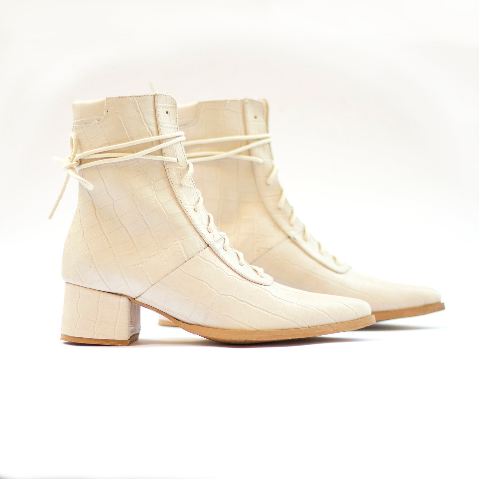 Off White Pointy Boots, White Lace up Ankle Boots for Women, Stone ...