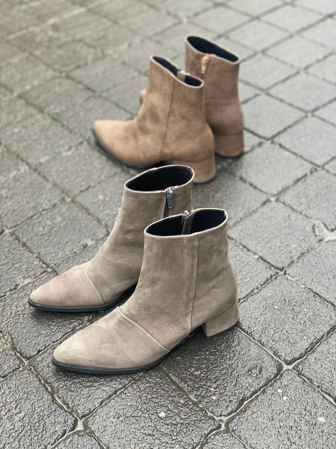 Gray Ankle Leather Boots for Women, Pointed Boots, Handmade Ankle ...