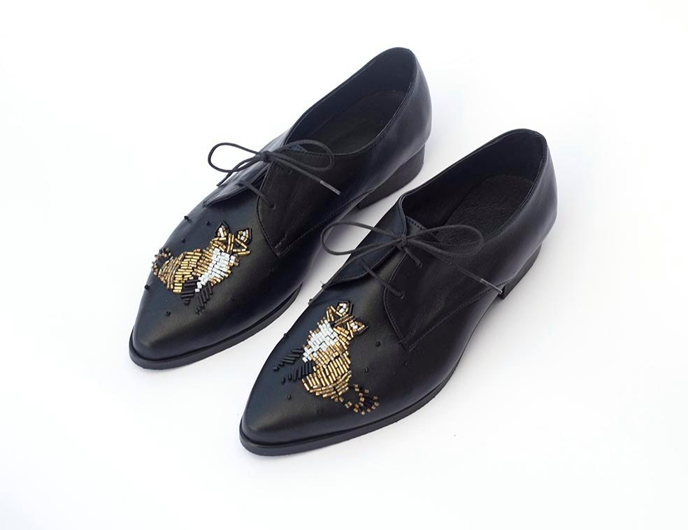 Women Custom Made Shoes, Oxfords Shoes With Gold Fox, Flat Formal Shoes ...
