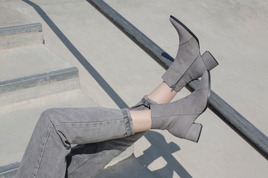 Women Gray Leather Boots Stylish Minimalist Ankle Booties | Etsy