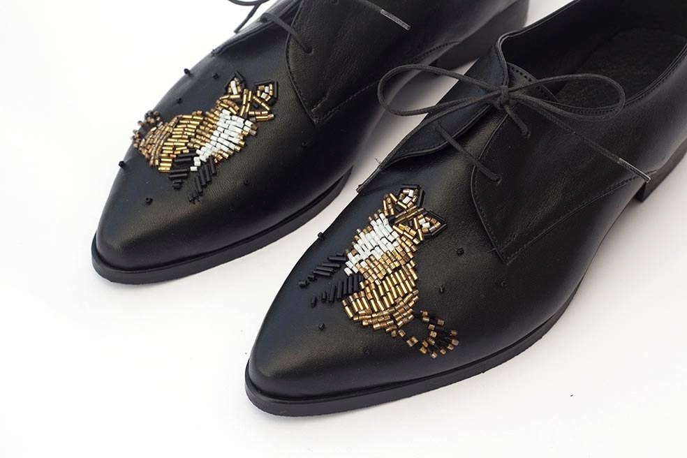 Women Custom Made Shoes, Oxfords Shoes With Gold Fox, Flat Formal Shoes ...