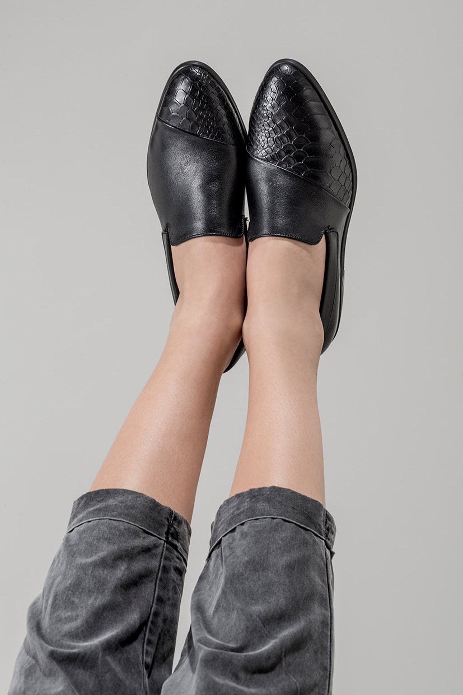 Black Leather Loafers Shoes Snakeskin Shoes for Women Casual | Etsy