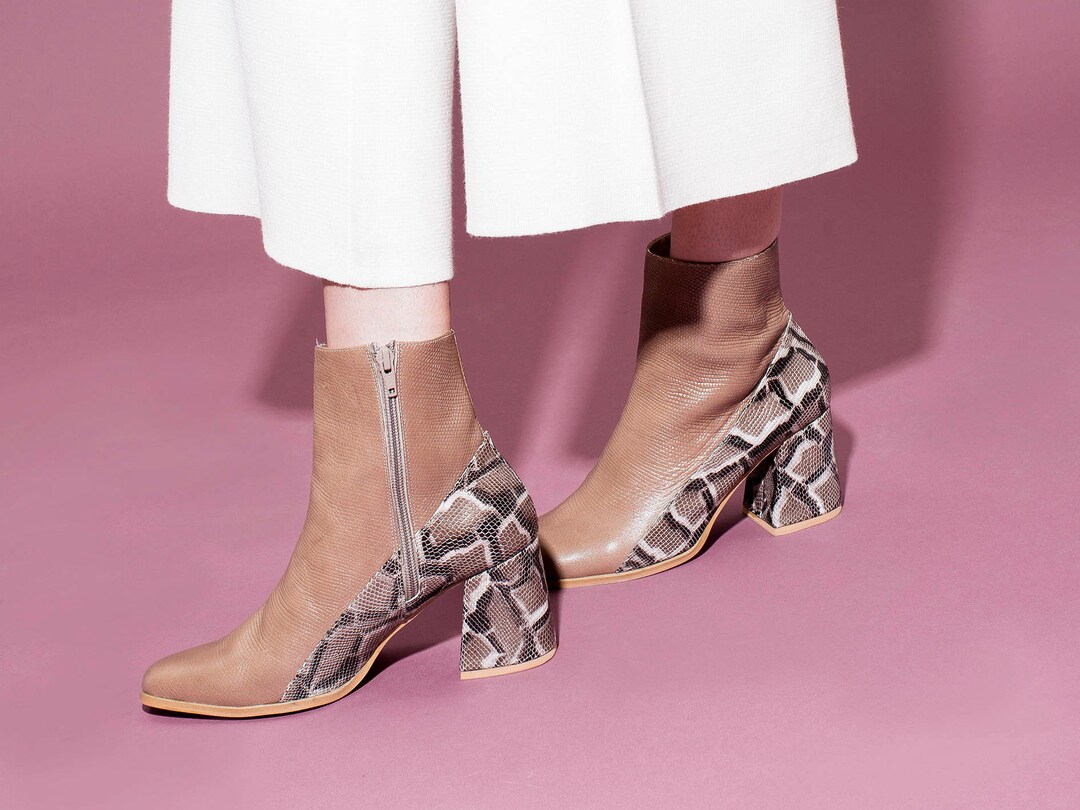 Stylish Brown Snakeskin Leather Short Boots, Comfortable Heeled Booties ...