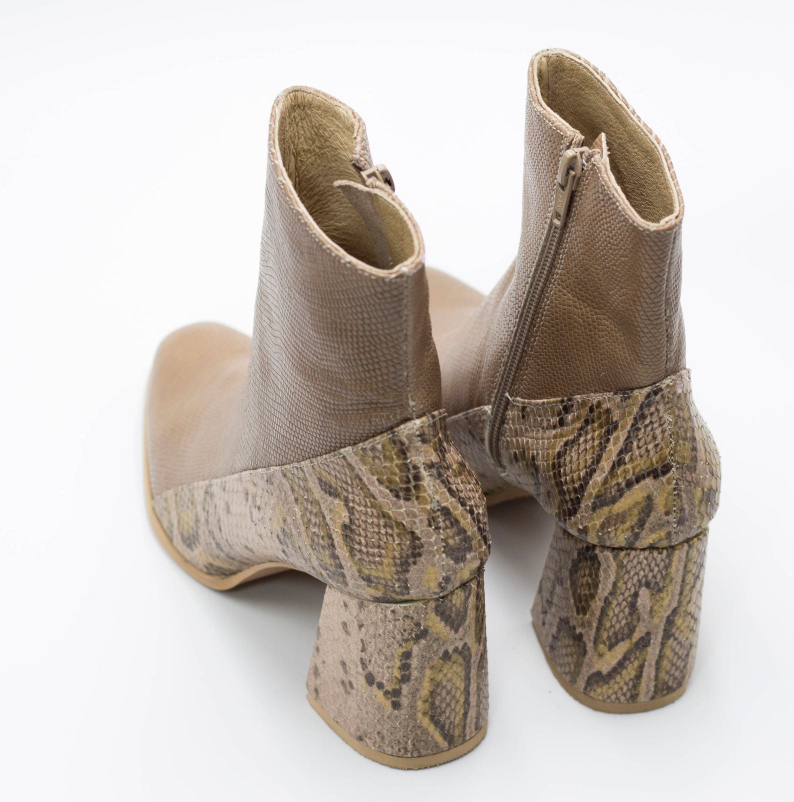 Stylish Brown Snakeskin Leather Short Boots, Comfortable Heeled Booties ...