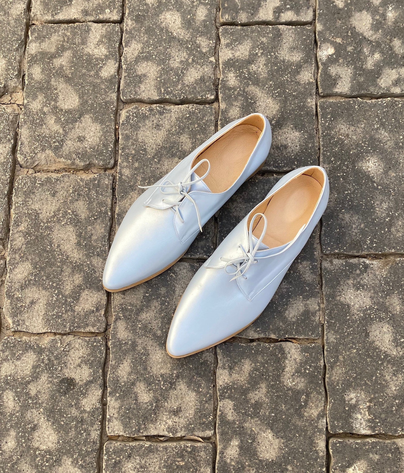 Women's Oxford Shoes, Light Blue Leather Shoes, Shiny Pointy Oxford ...